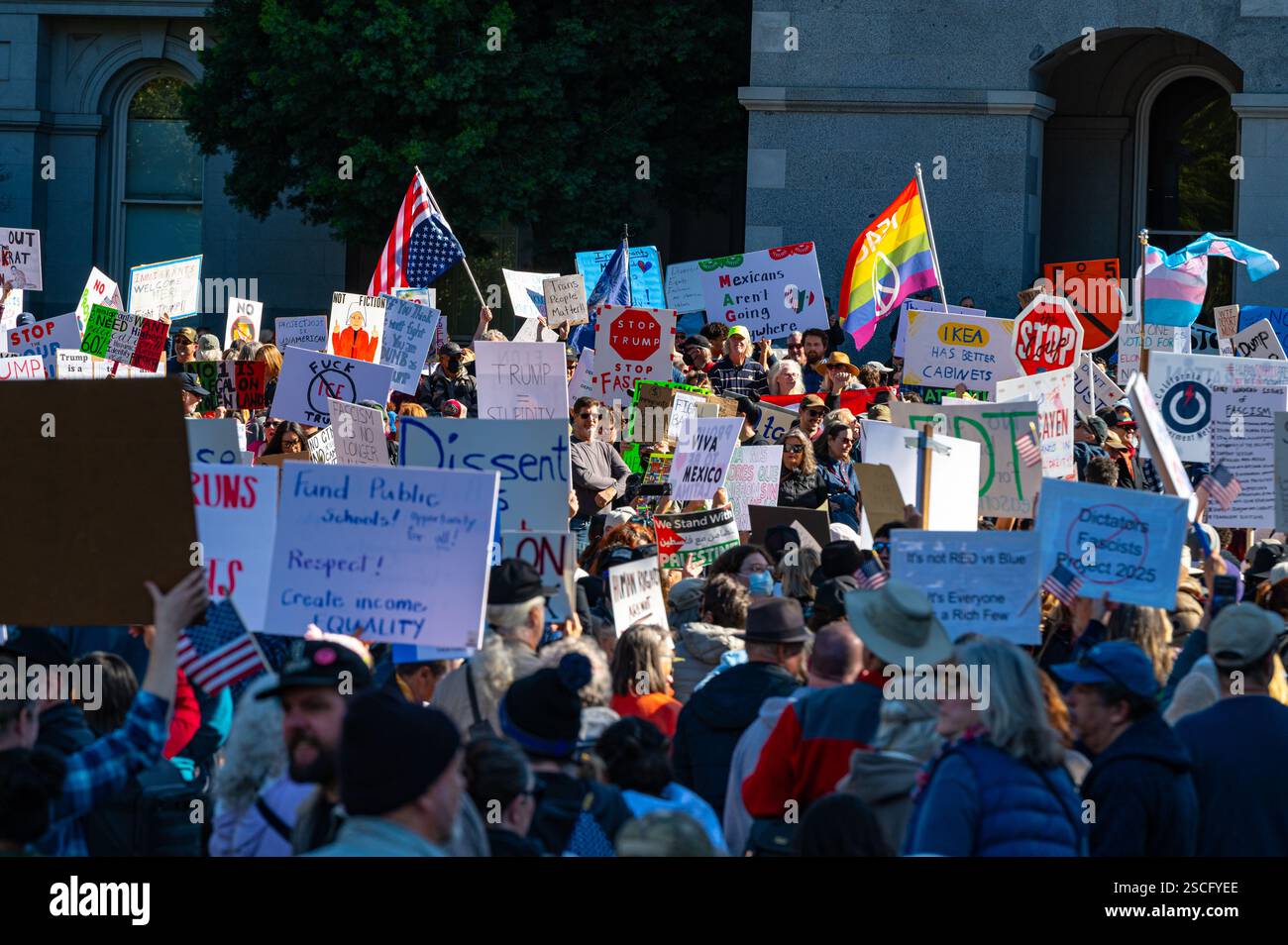 Activists hold up various signs and flags at the state Capitol building ...