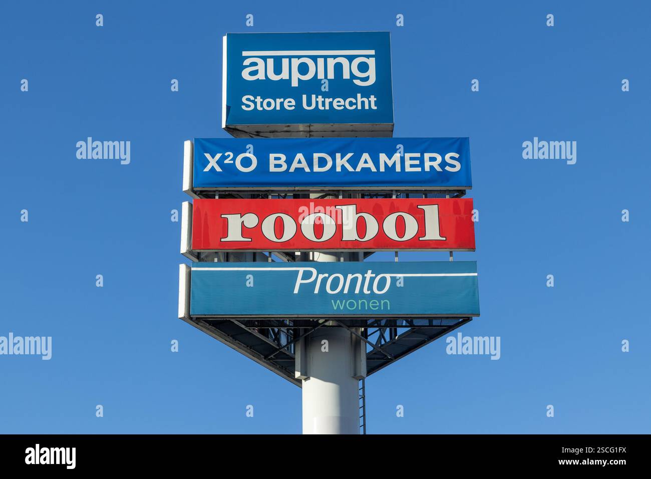 Pole sign with logo’s Auping, X2O badkamers, Roobol, Pronto wonen at a ...