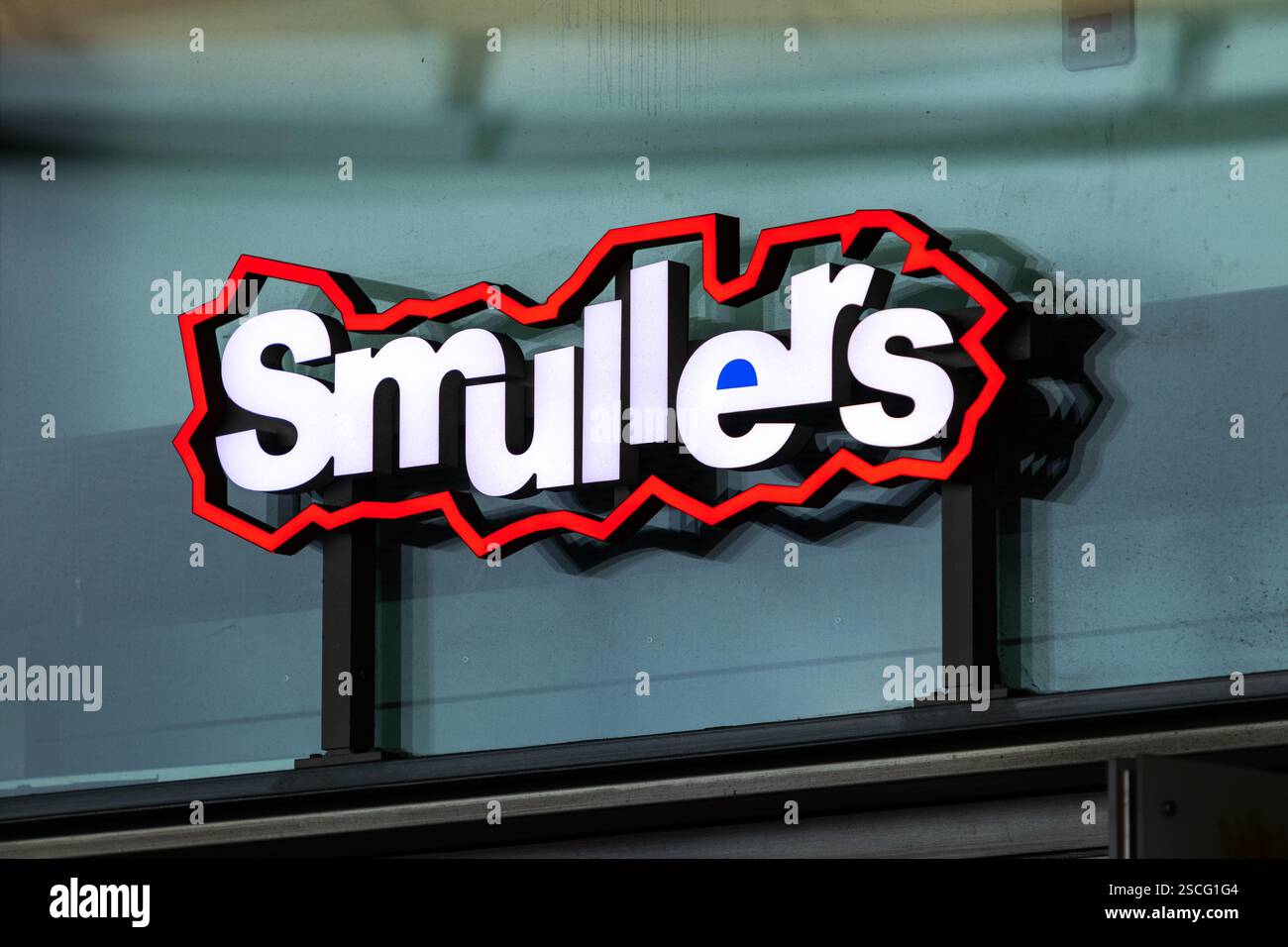 Smullers logo sign. At Smullers you can buy drinks and snacks for the ...