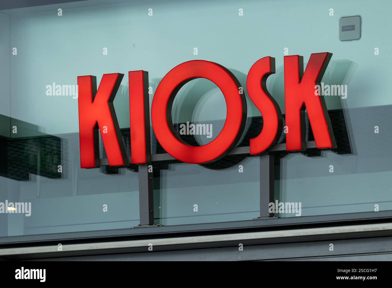 KIOSK logo sign. At Kiosk you can buy drinks and snacks for the road ...