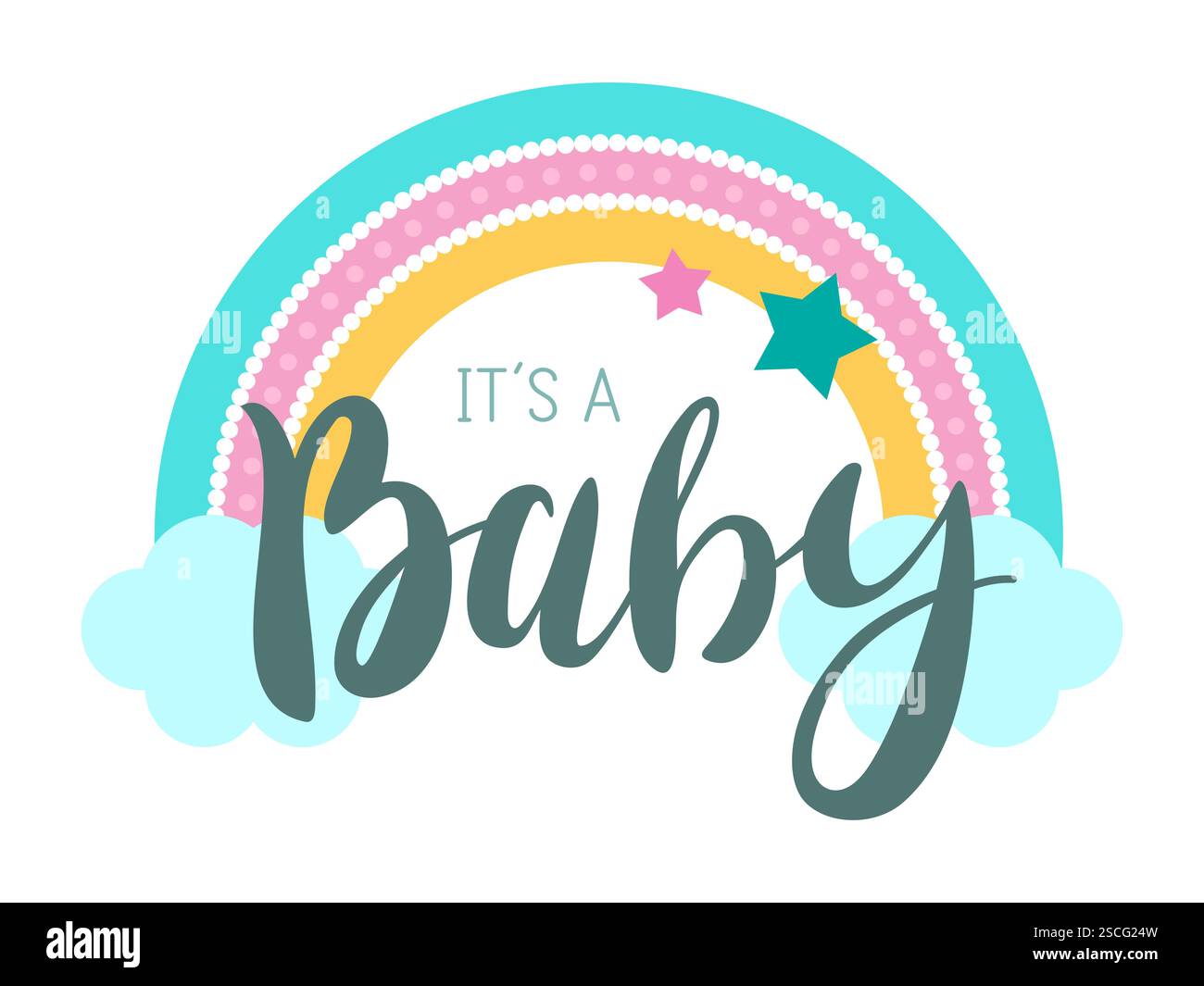 Cute and colorful "It's a Baby" text with a rainbow, stars, and clouds ...