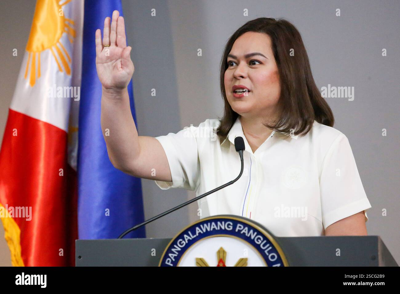 Philippine Vice President Sara Duterte gestures as she speaks during a ...