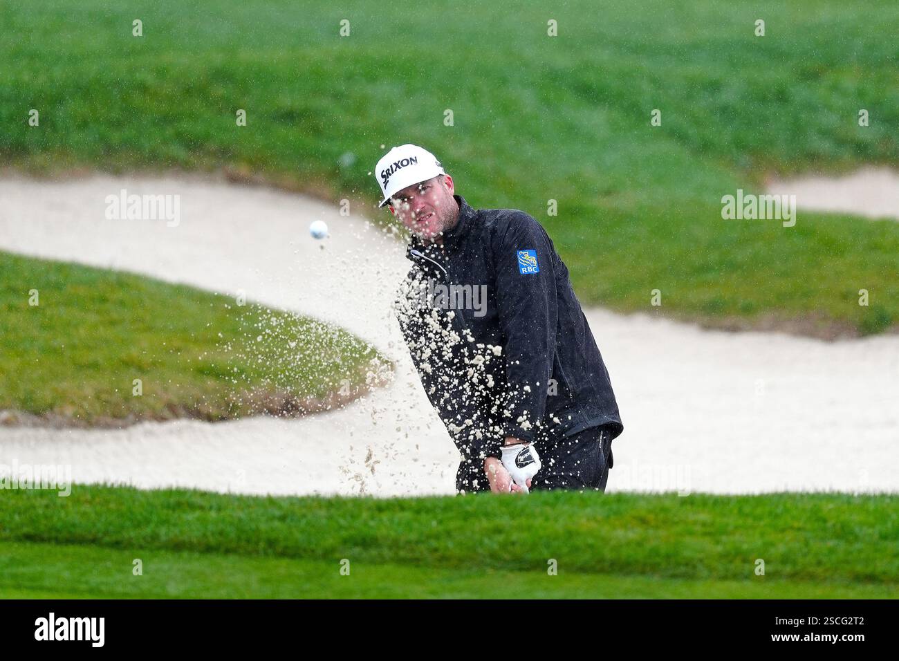 PEBBLE BEACH, CA - FEBRUARY 01: PGA golfer Taylor Pendrith plays a sand ...