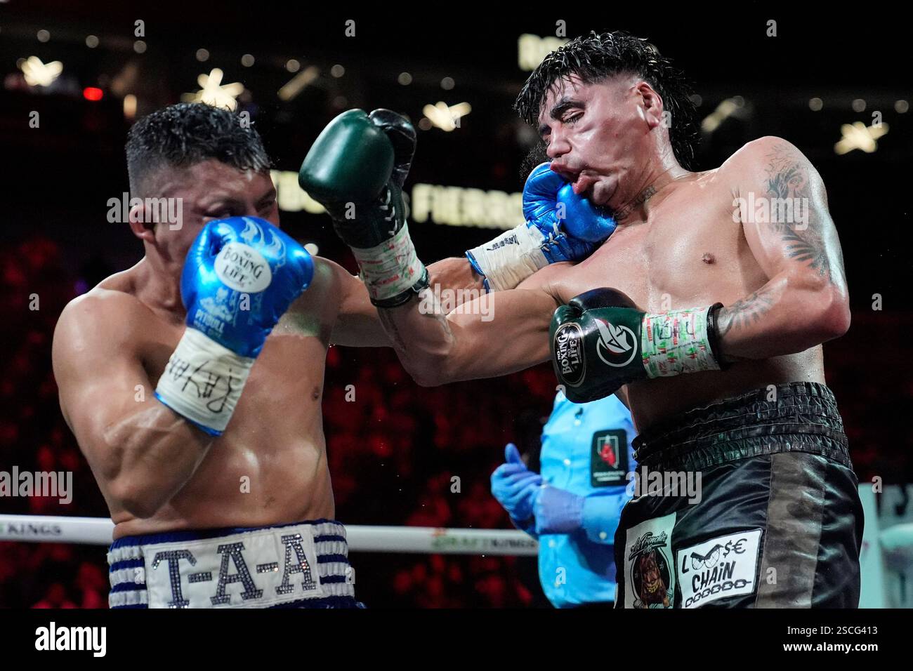 Isaac Cruz, left, hits Angel Fierro in a super lightweight boxing match ...