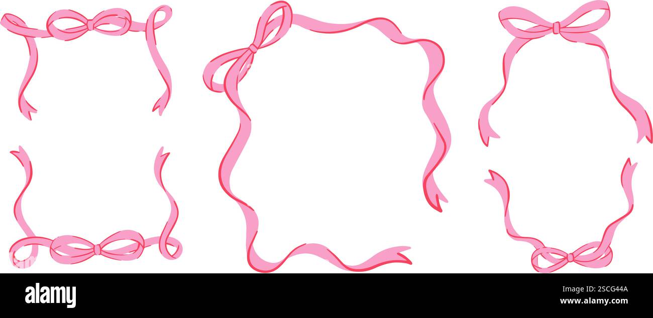 Bow frame with pink ribbons. Vintage vector hand drawn border for cute ...