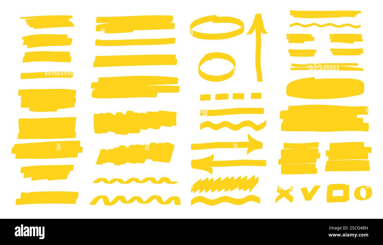 Hand-drawn Yellow Highlighter Marks, Underlines, Arrows, and Shapes ...