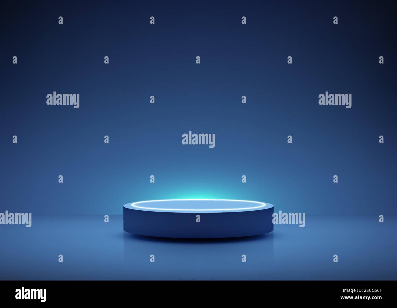 futuristic glowing blue round platform with a bright light edge, set against a dark blue ...