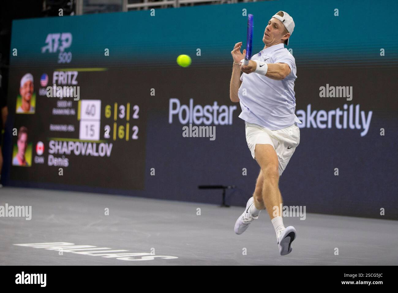 Frisco, Texas, USA. 7th Feb, 2025. DENIS SHAPOVALOV (CAN) returns with forehand in a singles ...