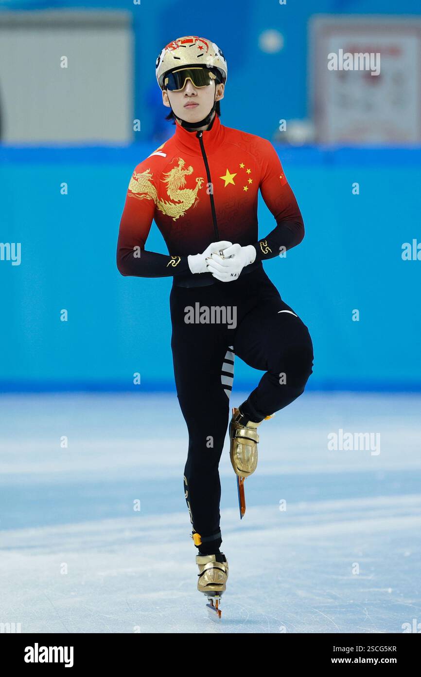 Harbin,China.7th February 2025. Lin Xiaojun of China warms up prior to the Short Track Speed ...