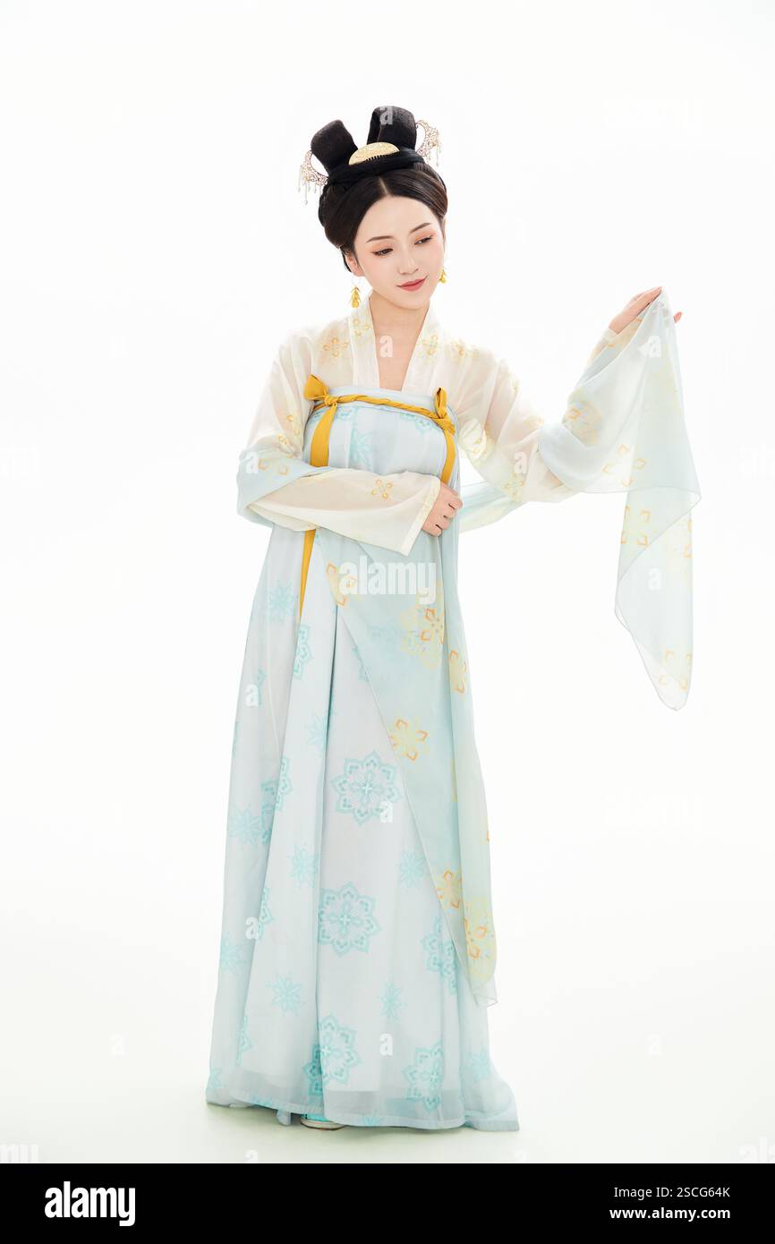 Teenage girl in Chinese Tang Dynasty costume on white background Stock ...