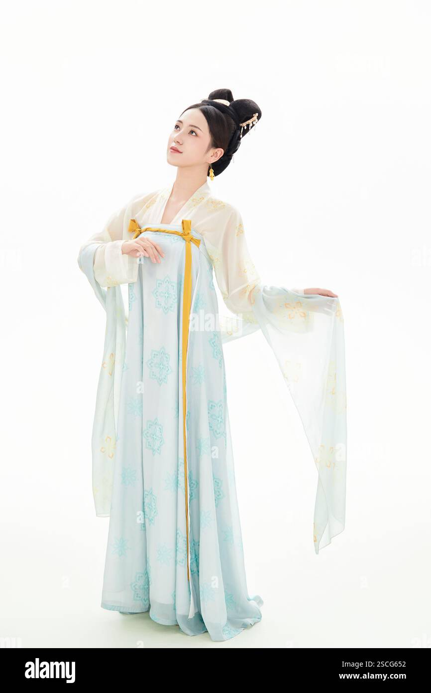 Teenage girl in Chinese Tang Dynasty costume on white background Stock ...