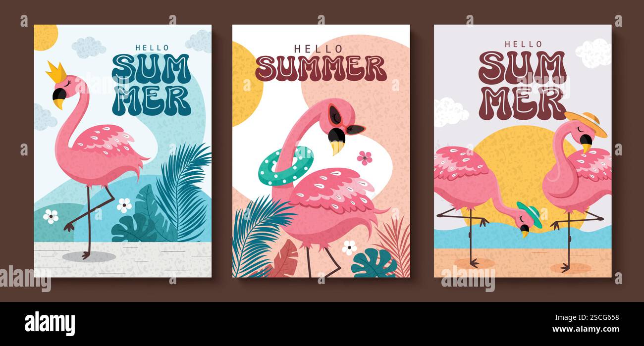 Hello summer greeting clipart poster set. Summer text with cute pink ...