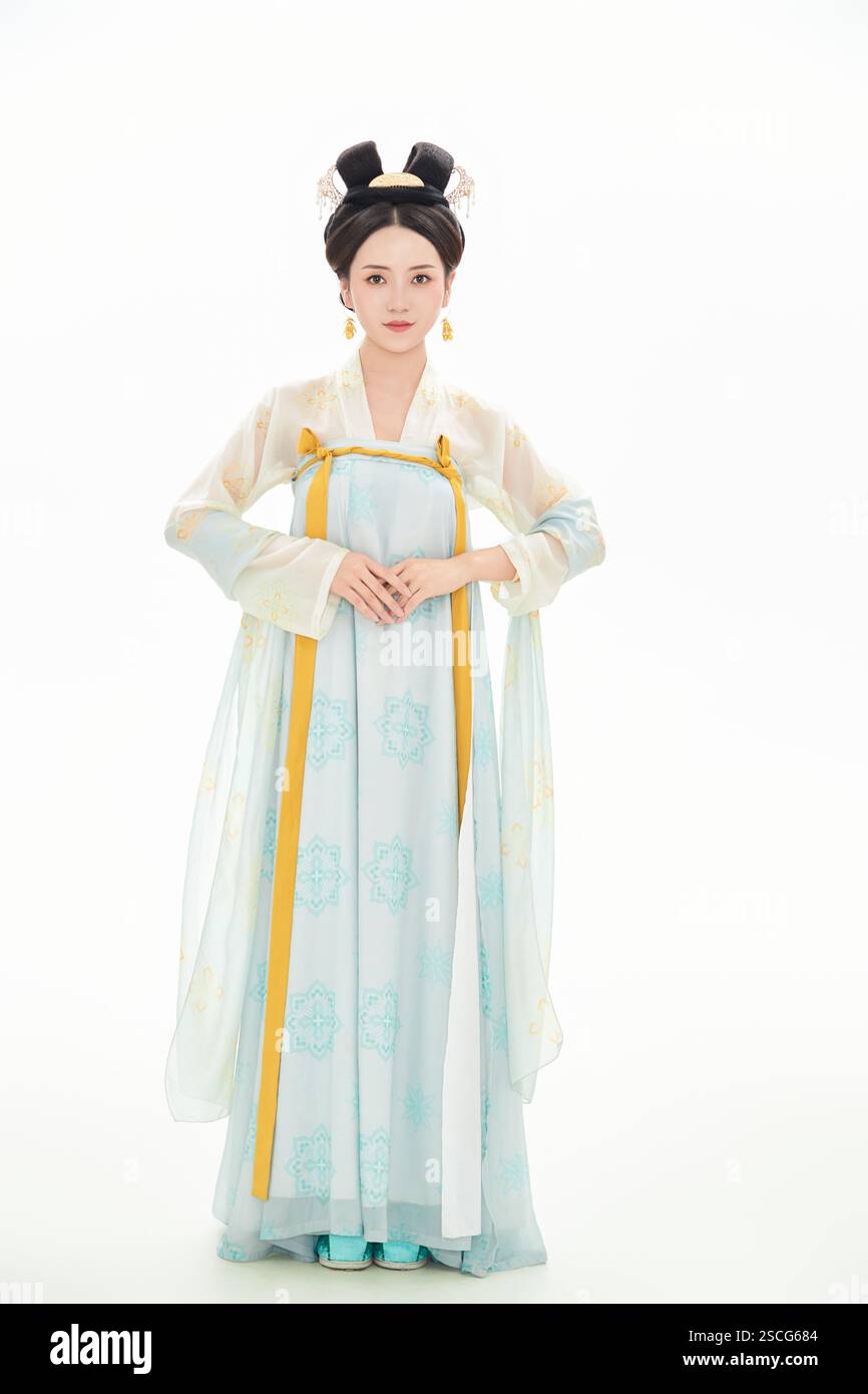 Teenage girl in Chinese Tang Dynasty costume on white background Stock ...