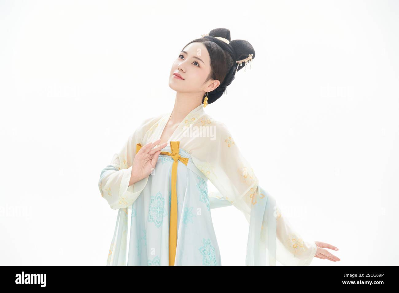 Teenage girl in Chinese Tang Dynasty costume on white background Stock ...