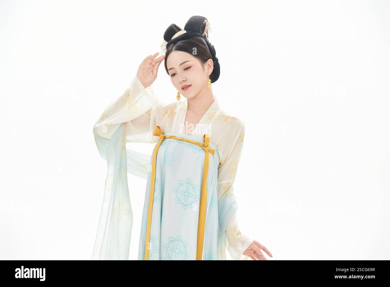 Teenage girl in Chinese Tang Dynasty costume on white background Stock ...