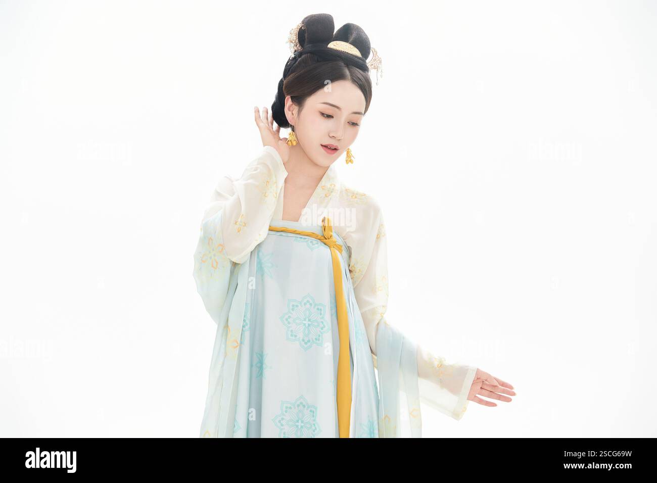 Teenage girl in Chinese Tang Dynasty costume on white background Stock ...