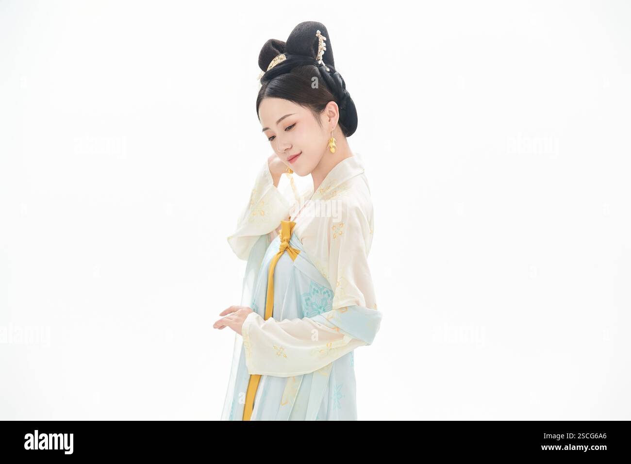 Teenage girl in Chinese Tang Dynasty costume on white background Stock ...