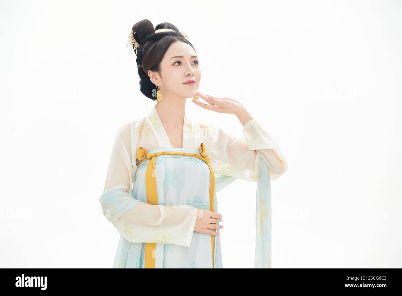 Teenage girl in Chinese Tang Dynasty costume on white background Stock ...