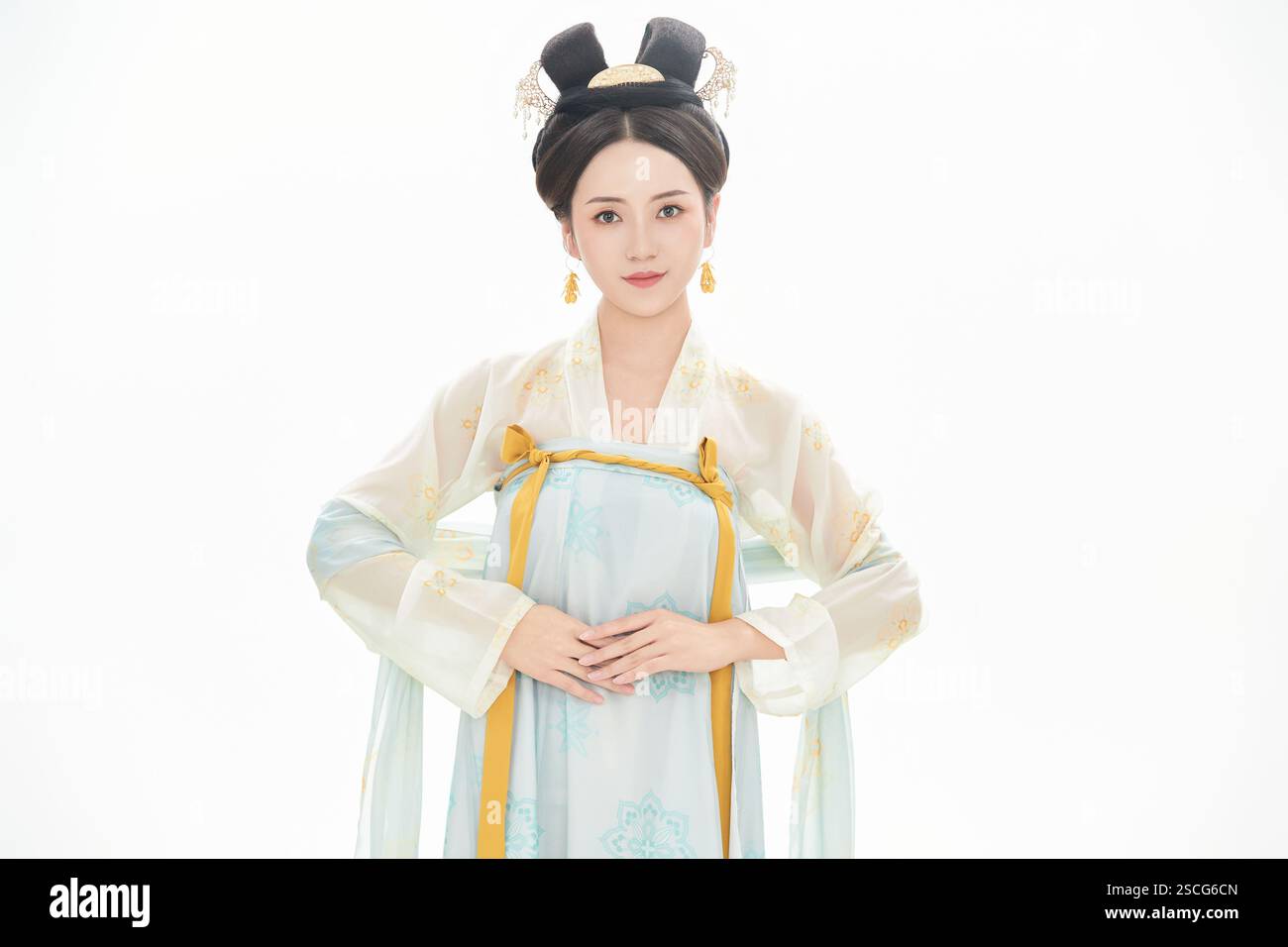 Teenage girl in Chinese Tang Dynasty costume on white background Stock ...