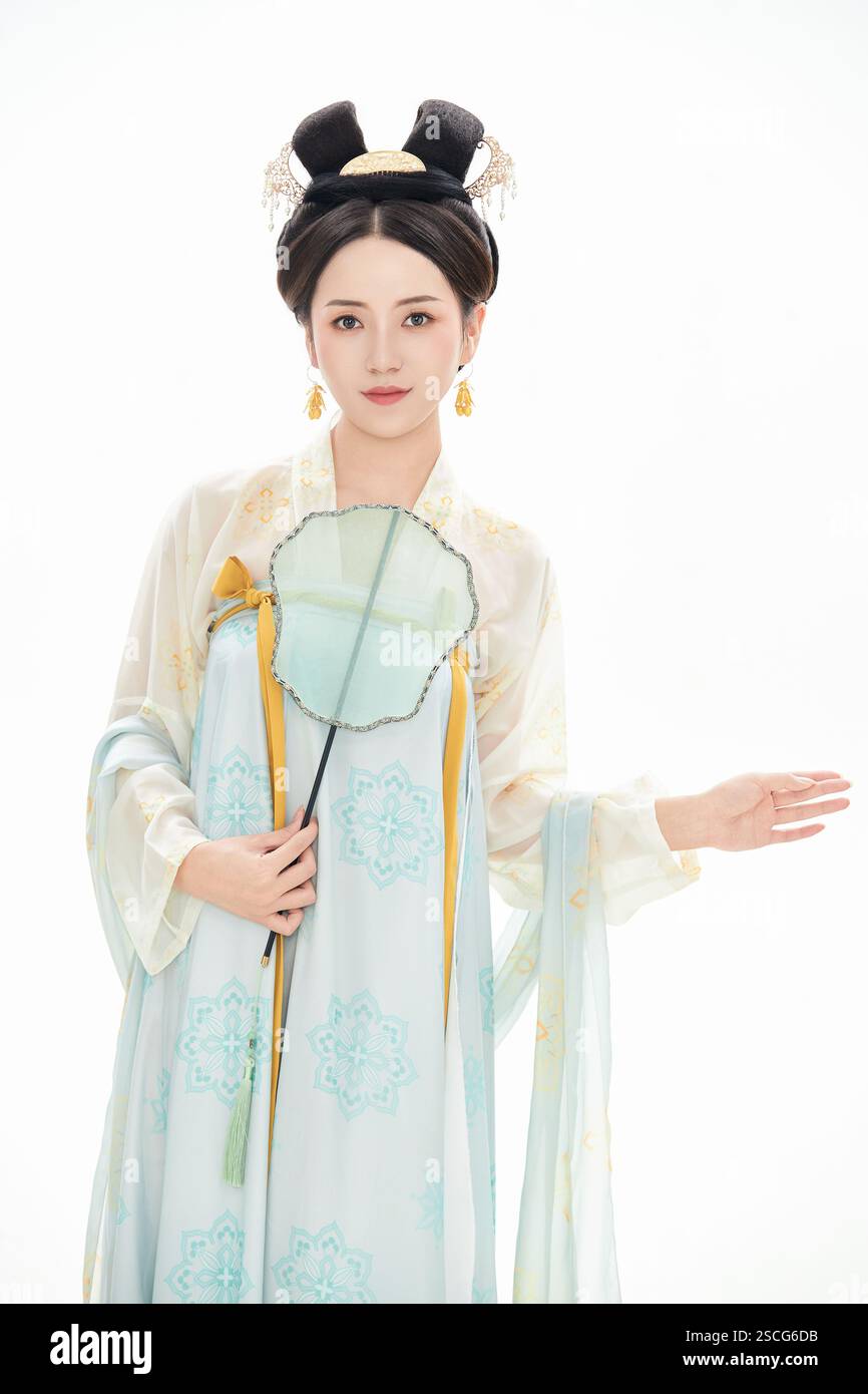 Teenage girl in Chinese Tang Dynasty costume on white background Stock ...