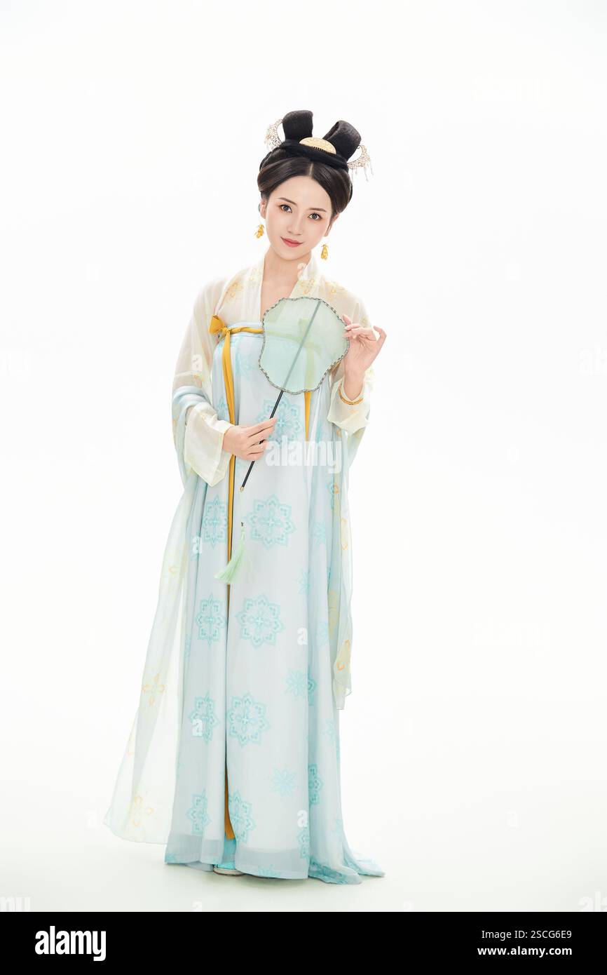 Teenage girl in Chinese Tang Dynasty costume on white background Stock ...