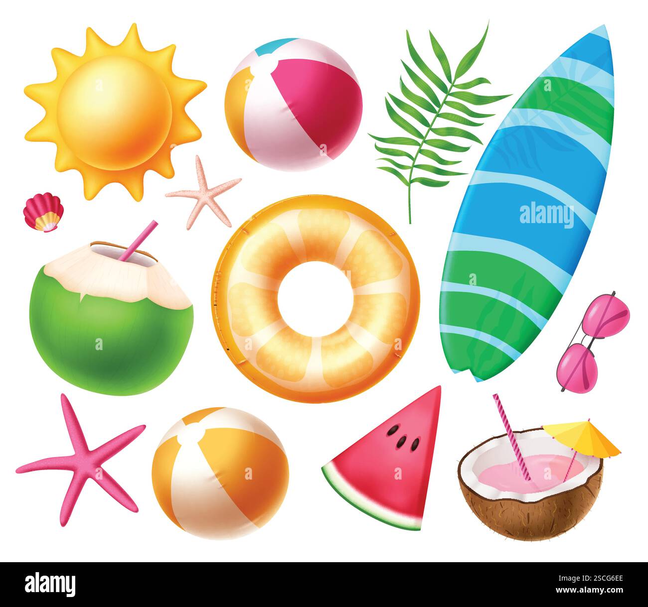 Summer beach elements icon clipart set. Summer tropical element clip ...