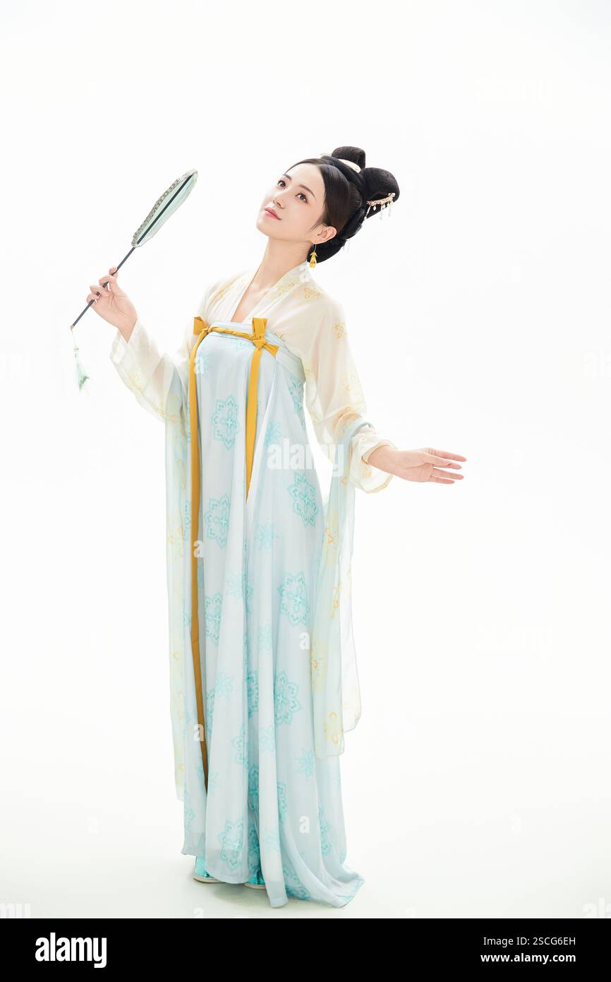 Teenage girl in Chinese Tang Dynasty costume on white background Stock ...