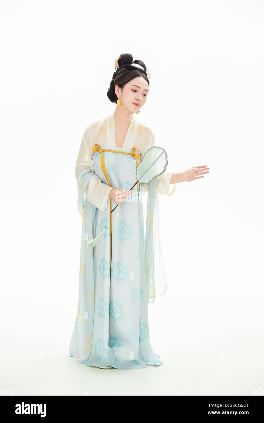 Teenage girl in Chinese Tang Dynasty costume on white background Stock ...