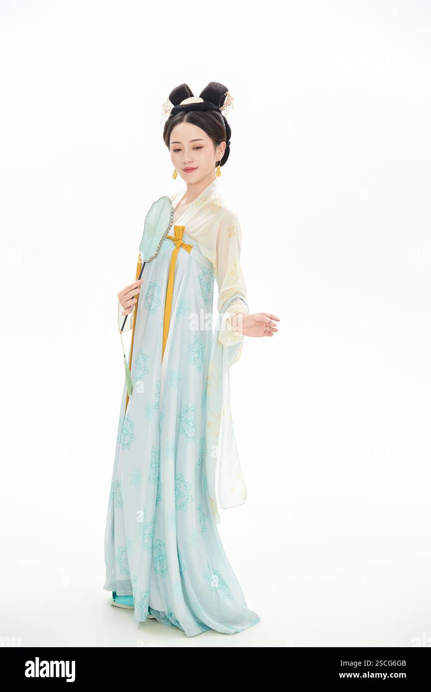 Teenage girl in Chinese Tang Dynasty costume on white background Stock ...