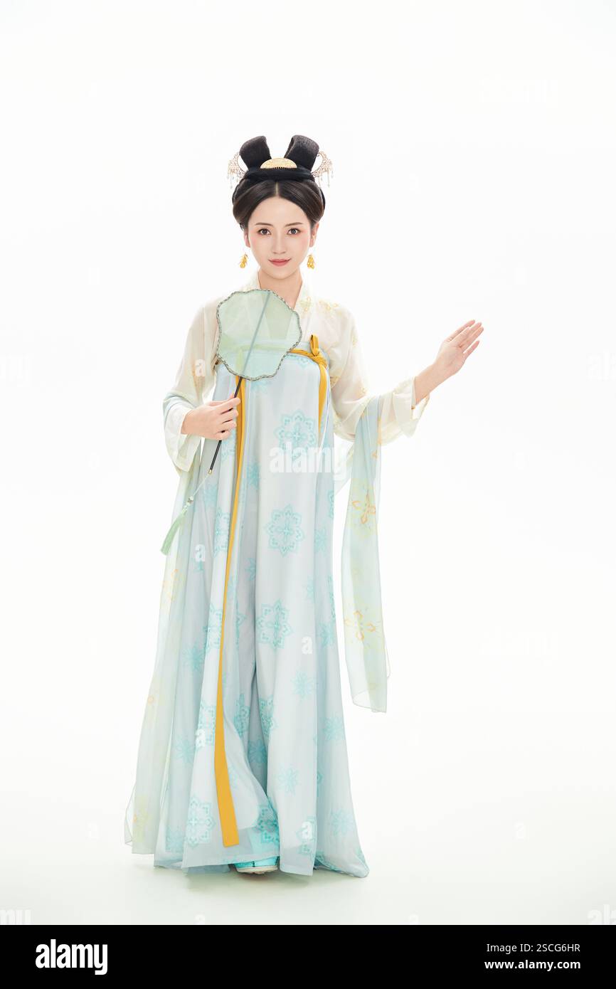 Teenage girl in Chinese Tang Dynasty costume on white background Stock ...