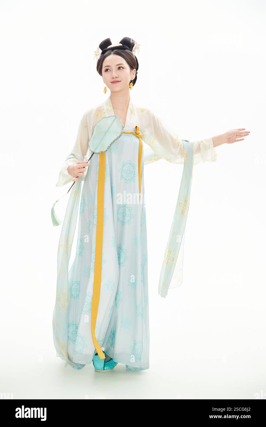 Teenage girl in Chinese Tang Dynasty costume on white background Stock ...