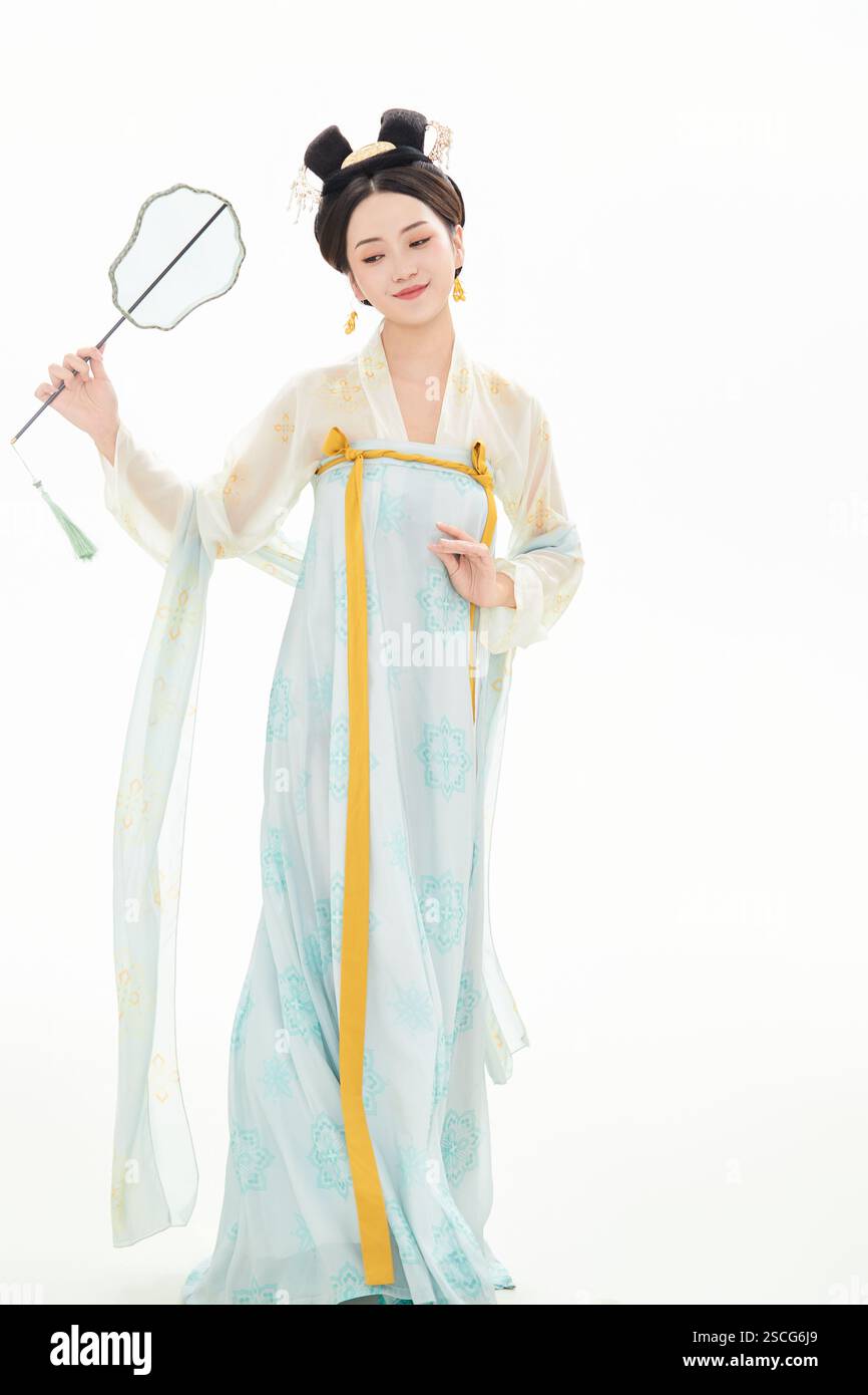 Teenage girl in Chinese Tang Dynasty costume on white background Stock ...