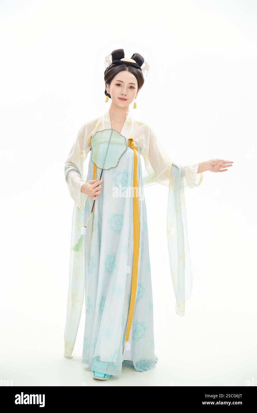 Teenage girl in Chinese Tang Dynasty costume on white background Stock ...