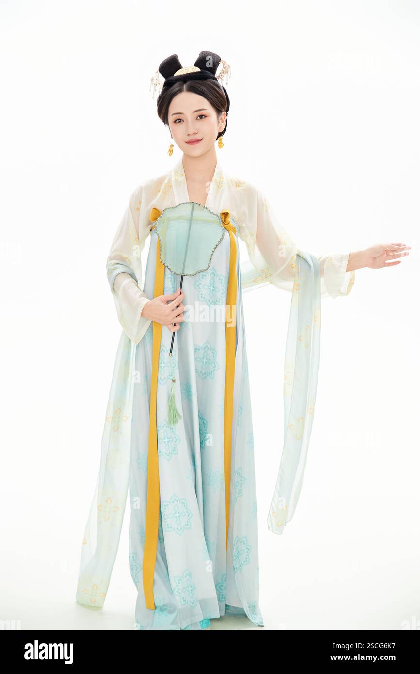 Teenage girl in Chinese Tang Dynasty costume on white background Stock ...