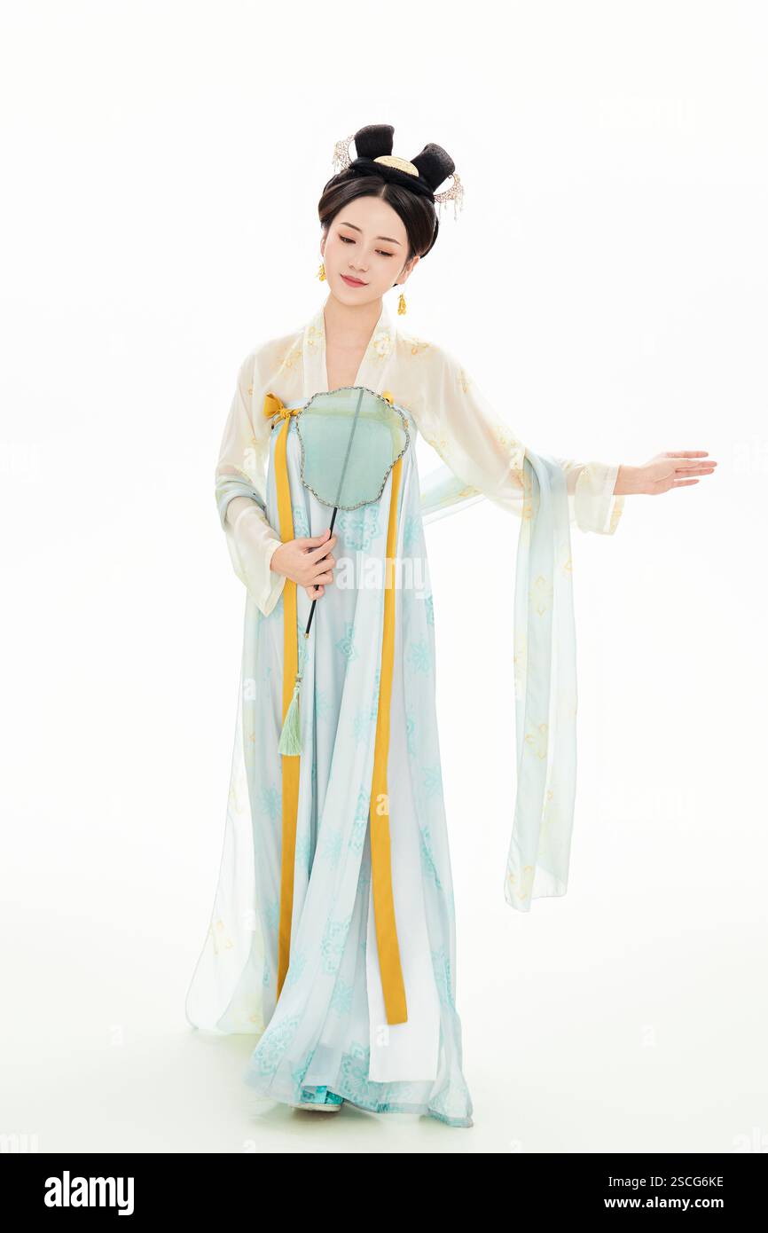 Teenage girl in Chinese Tang Dynasty costume on white background Stock ...