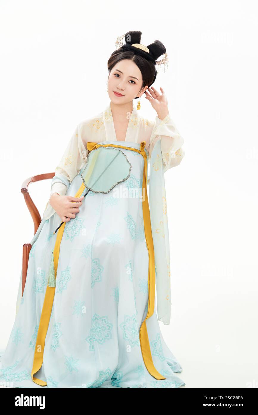 Teenage girl in Chinese Tang Dynasty costume on white background Stock ...