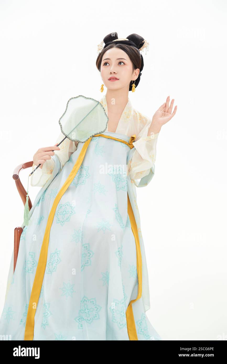 Teenage girl in Chinese Tang Dynasty costume on white background Stock ...