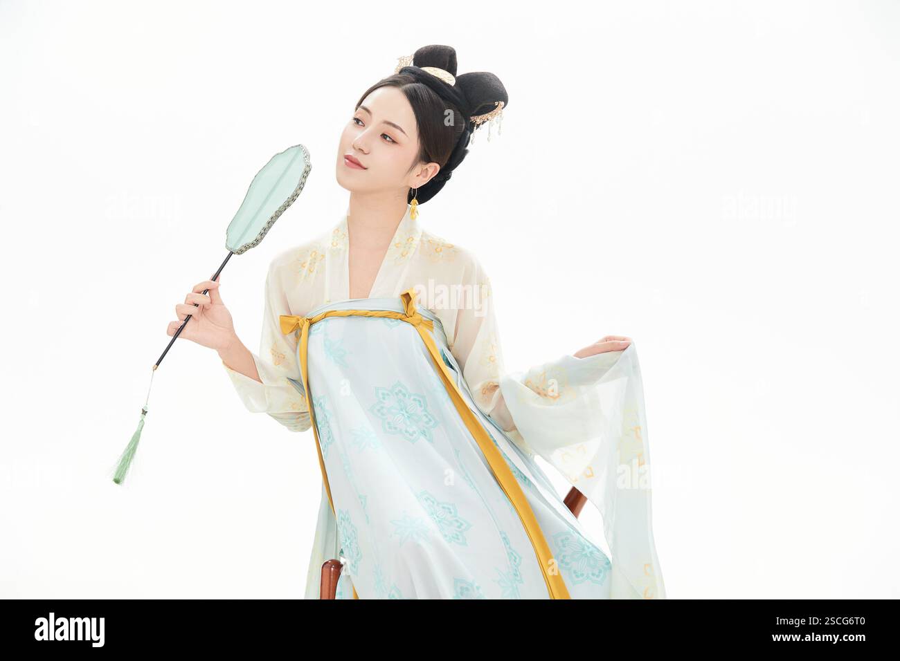 Teenage girl in Chinese Tang Dynasty costume on white background Stock ...