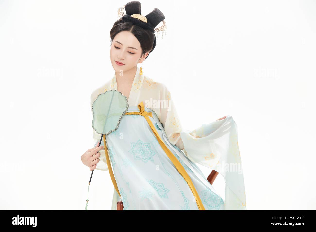 Teenage girl in Chinese Tang Dynasty costume on white background Stock ...