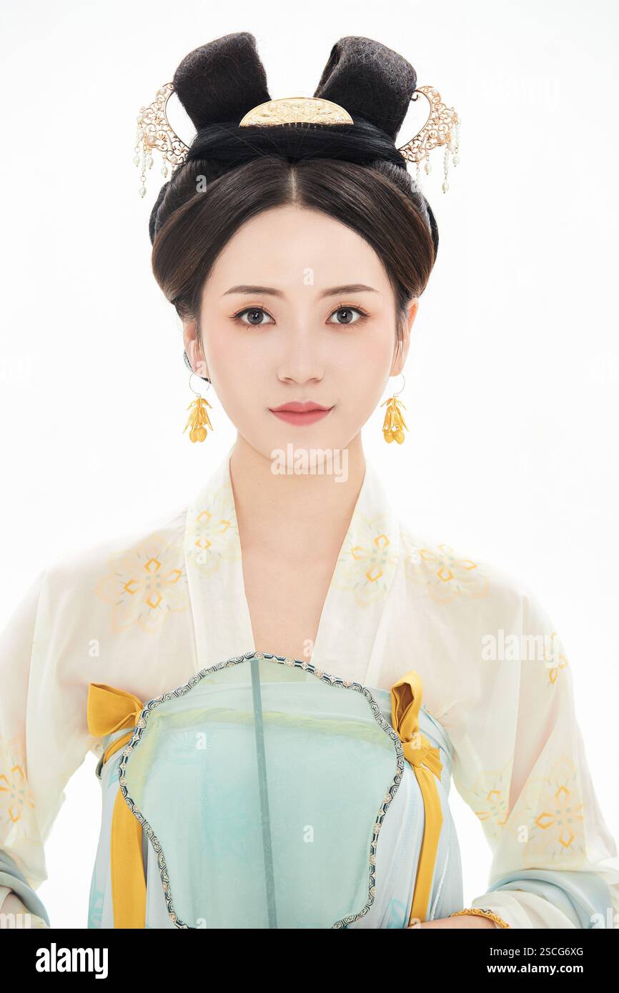 Teenage girl in Chinese Tang Dynasty costume on white background Stock ...
