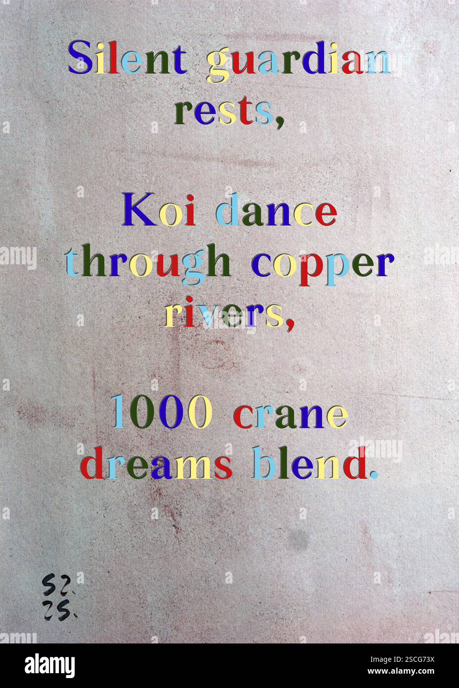 Silent guardian rests, Koi dance through copper rivers, 1000 crane ...