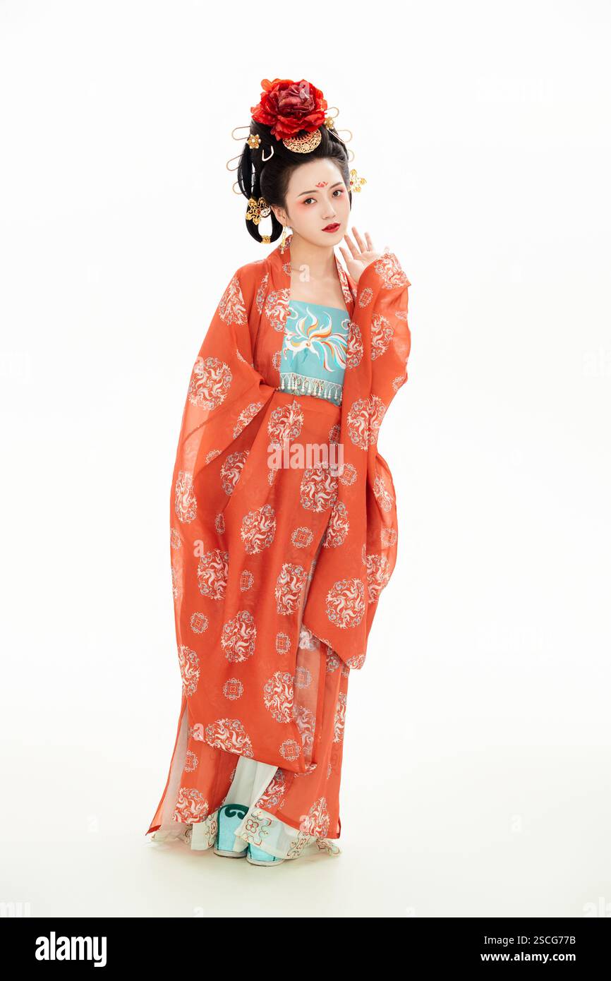 Teenage girl in Chinese Tang Dynasty costume on white background Stock ...