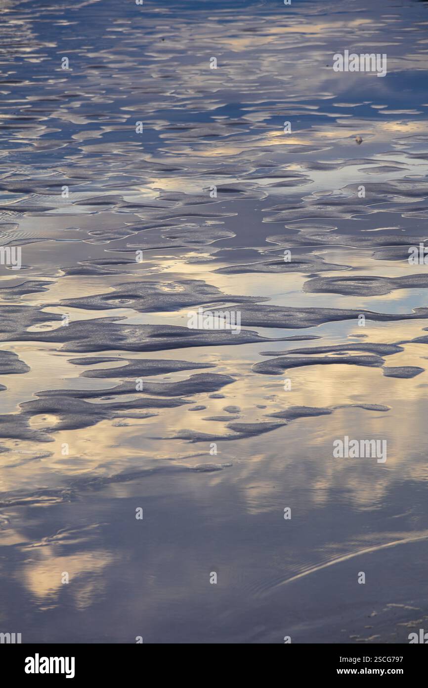 Winter’s artistry—cracked ice, golden reflections, soft snow dunes, and ...