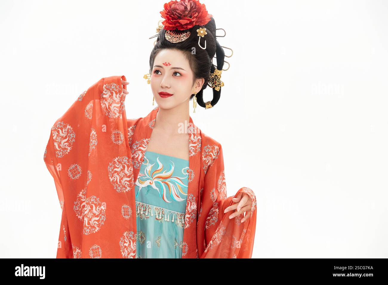 Teenage girl in Chinese Tang Dynasty costume on white background Stock ...