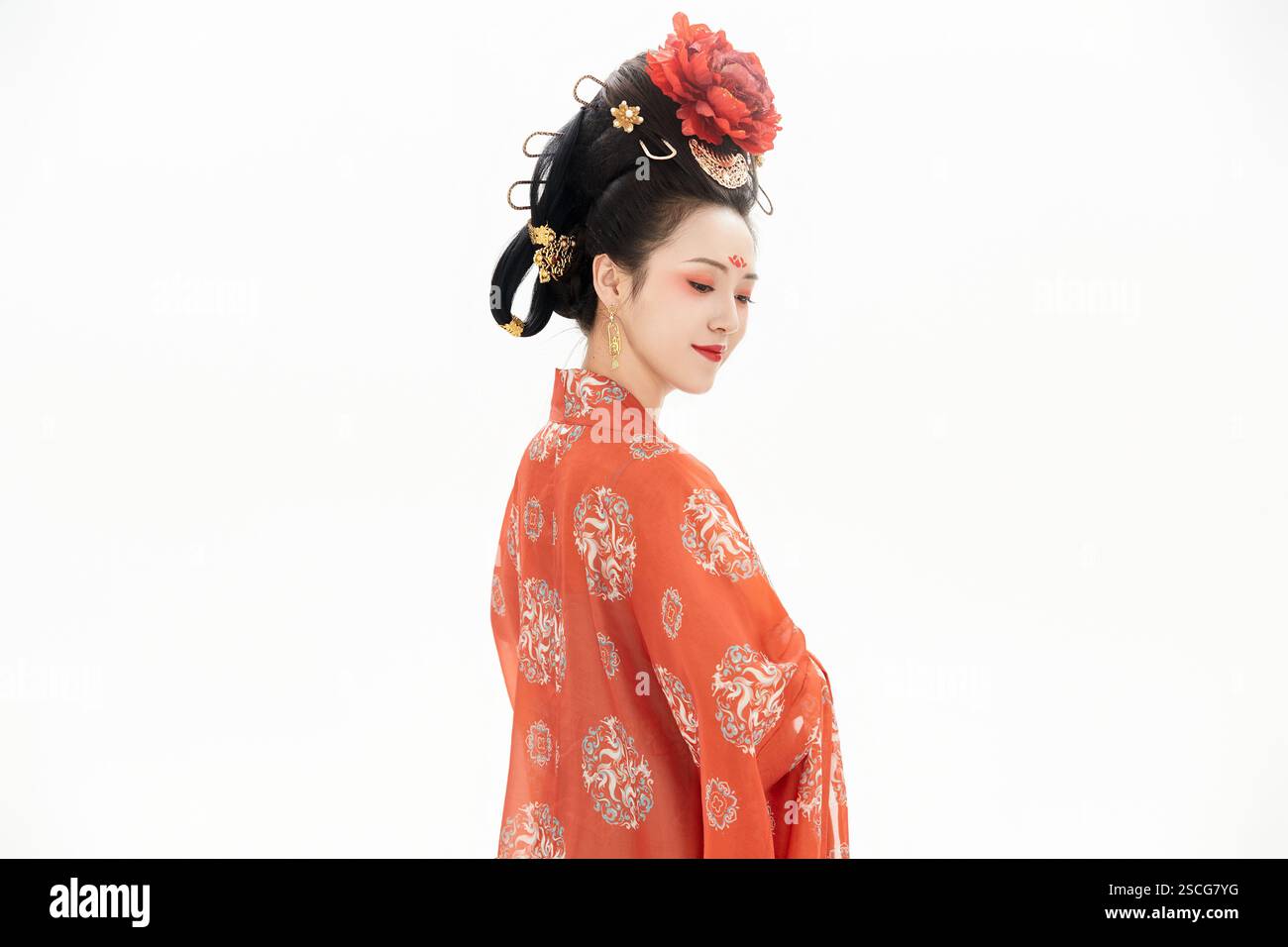 Teenage girl in Chinese Tang Dynasty costume on white background Stock ...