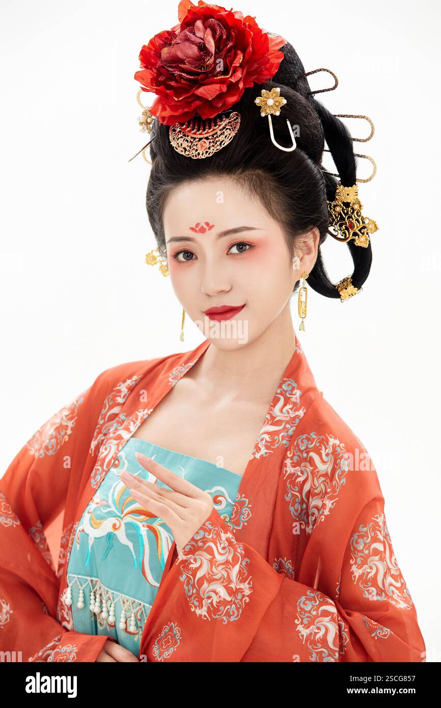 Chinese Woman in Traditional Attire with Floral Headdress Stock Photo ...
