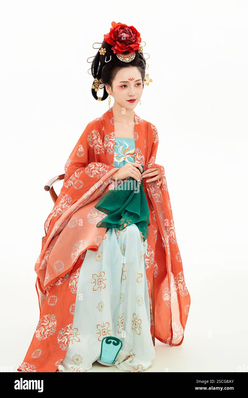 Teenage girl in Chinese Tang Dynasty costume on white background Stock ...
