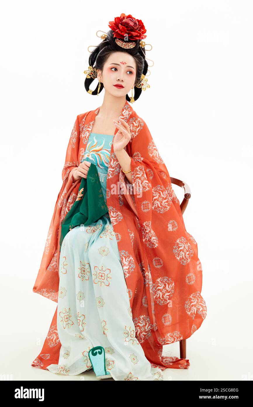 Teenage girl in Chinese Tang Dynasty costume on white background Stock ...