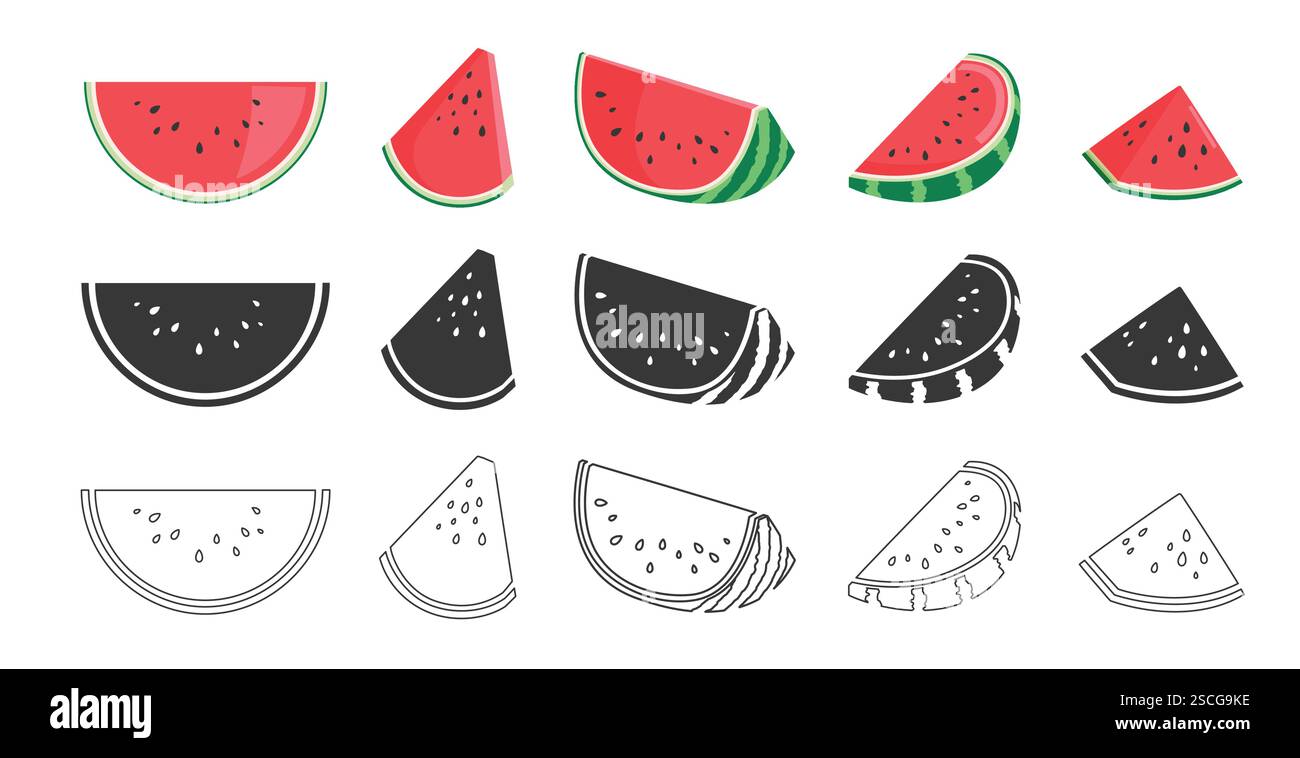 Watermelon fruit icon clipart set. Water melon clipart symbol, silhouette, outline and hand ...