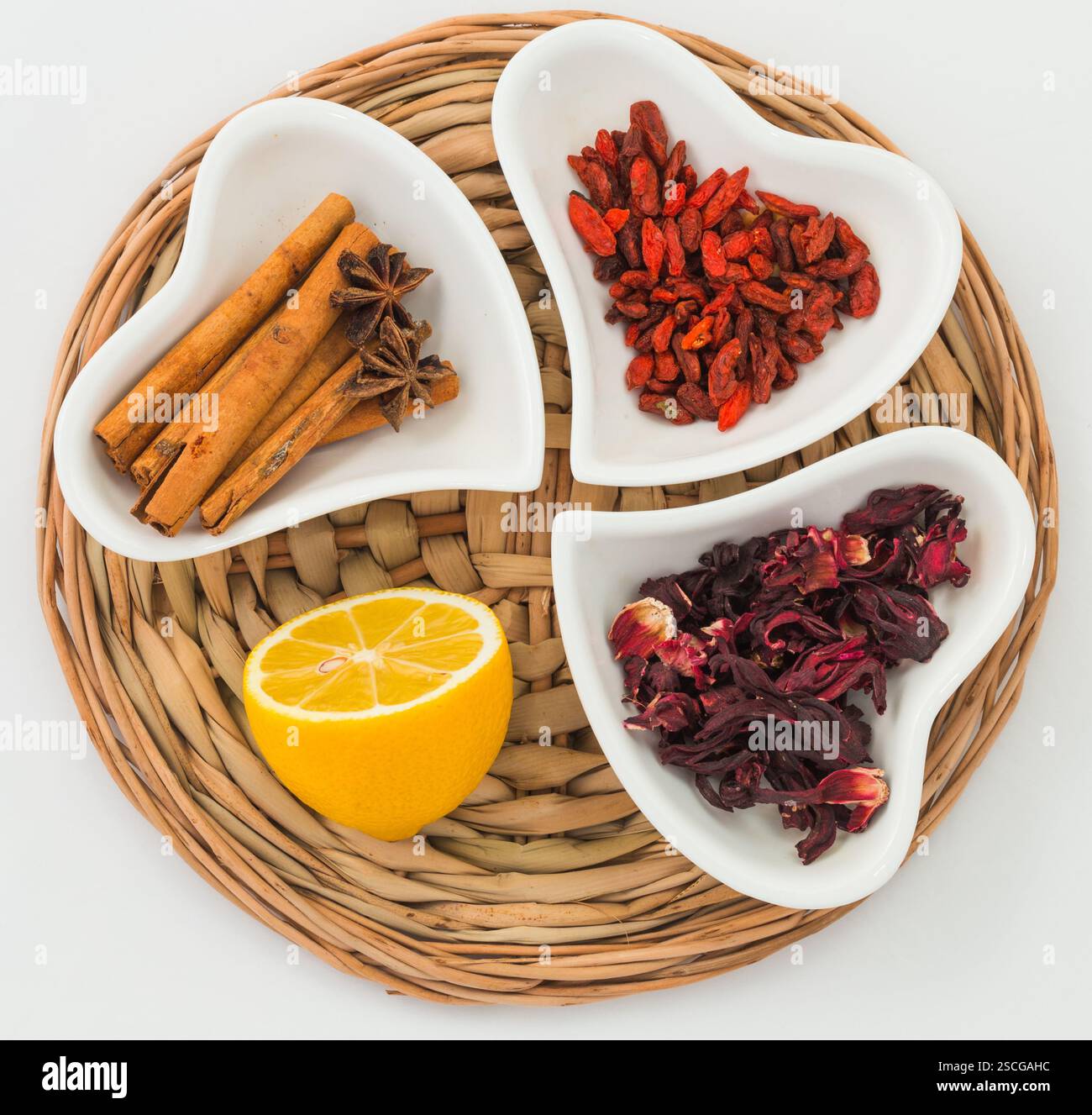 Traditional ingredients for tea, lemon and spices (thyme, oregano ...